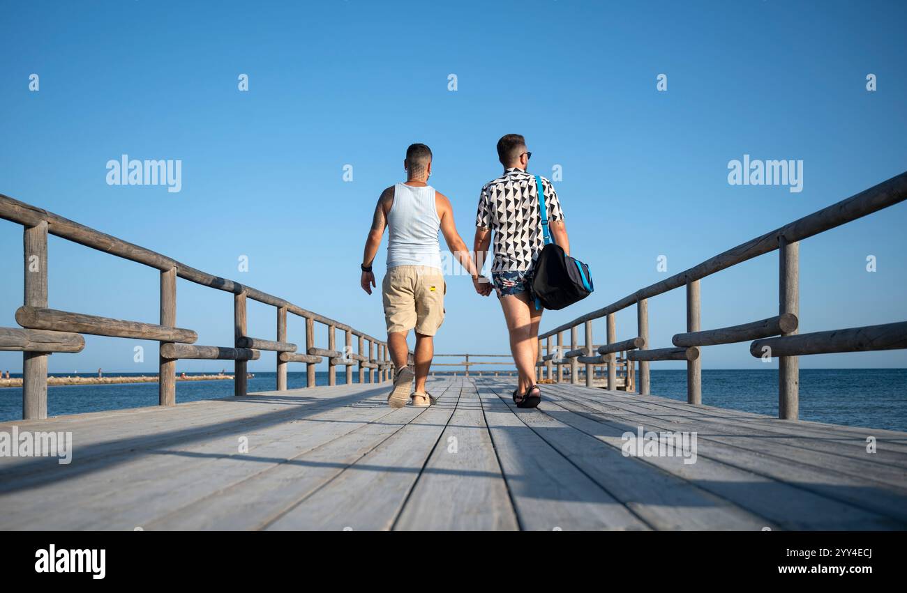 A joyful scene of a young gay couple holding hands on a sunny beach boardwalk Capturing love ...