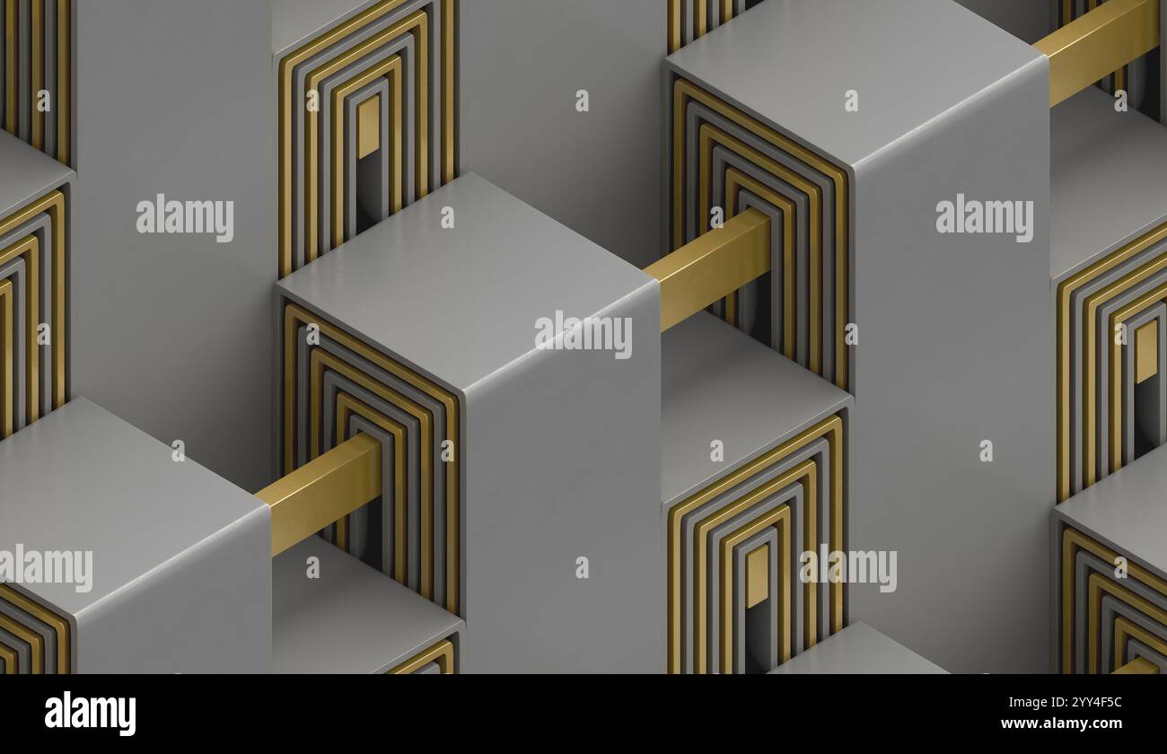 This illustration features a 3D geometric pattern with a box stairs ...