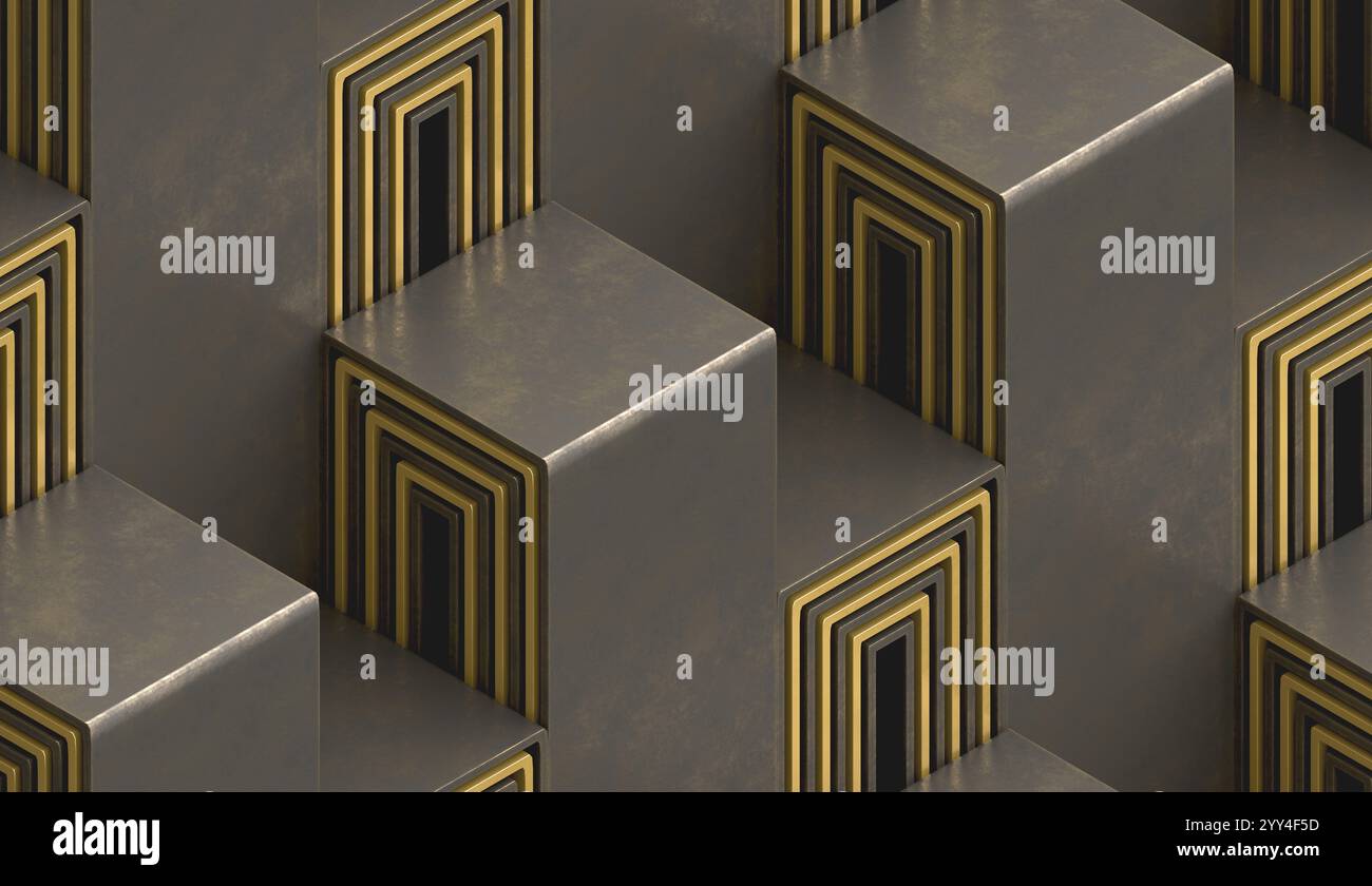 3D illustration of geometric box stairs with a metallic finish in gold ...