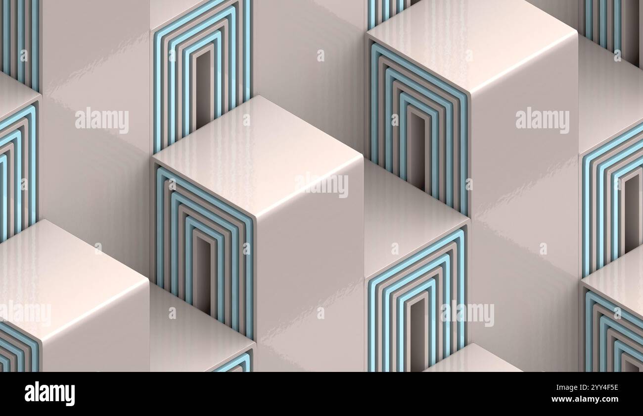 This illustration features a 3D geometric pattern of box stairs ...