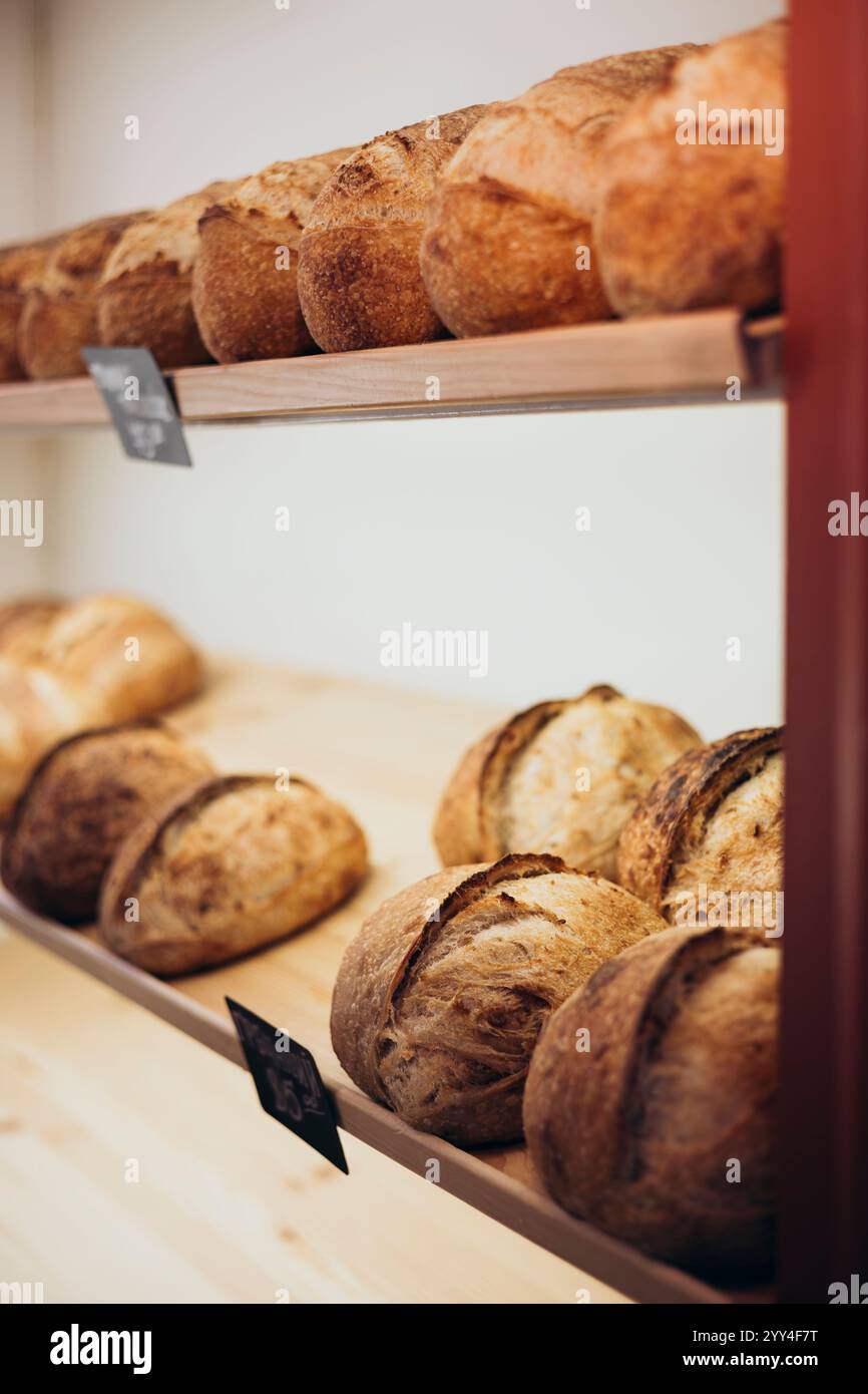 A display of freshly baked bread in a cozy bakery, showcasing golden ...