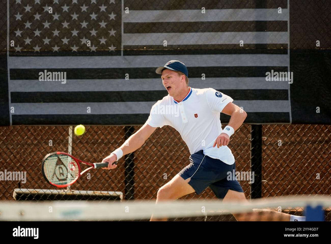 Tennis player Jenson Brooksby practices at the USTA national campus Tuesday, Dec. 10, 2024, in ...