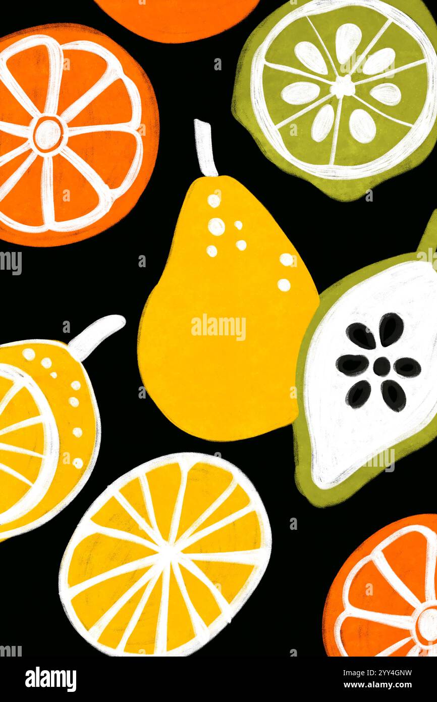 Vibrant illustration featuring cross-sections of citrus fruits and a ...