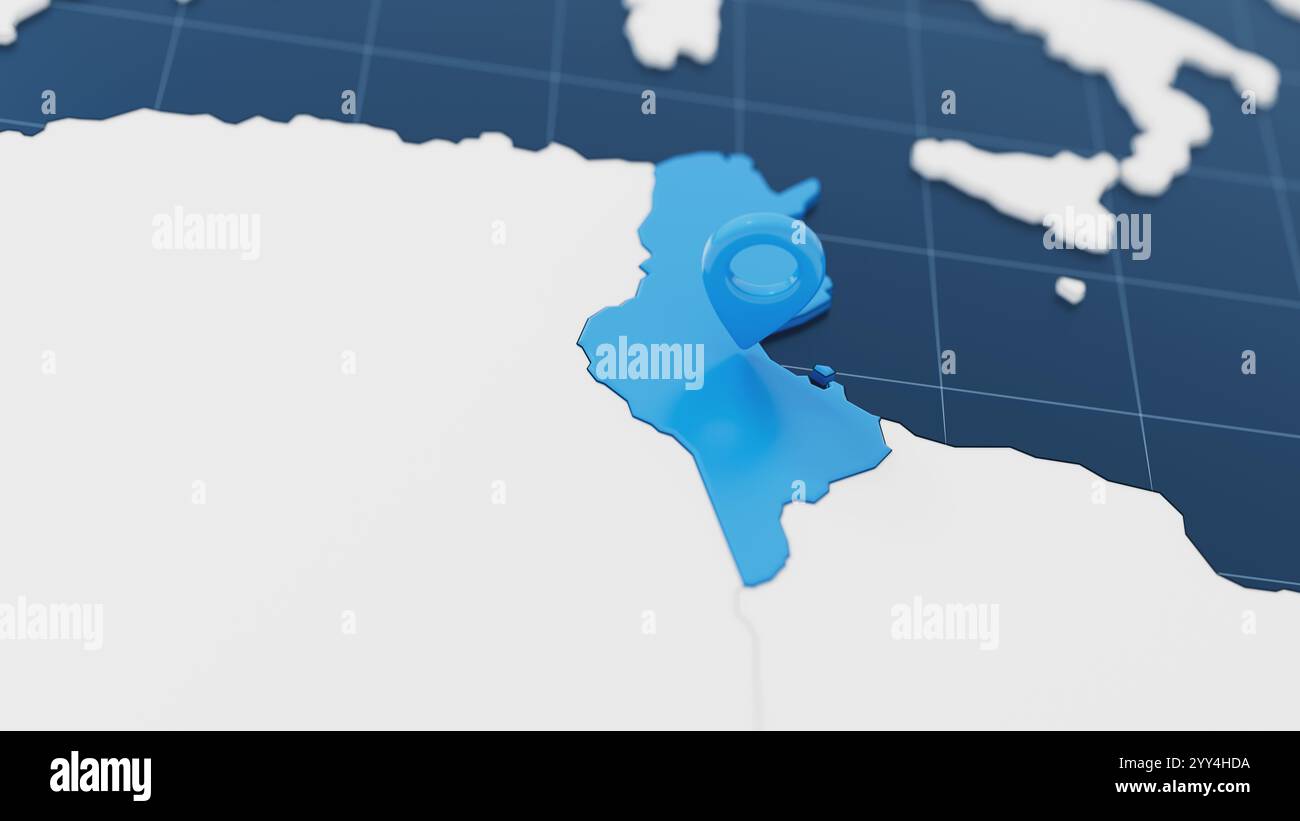 Blue Tunisia 3d map with pointer pin surrounded with other countries in ...