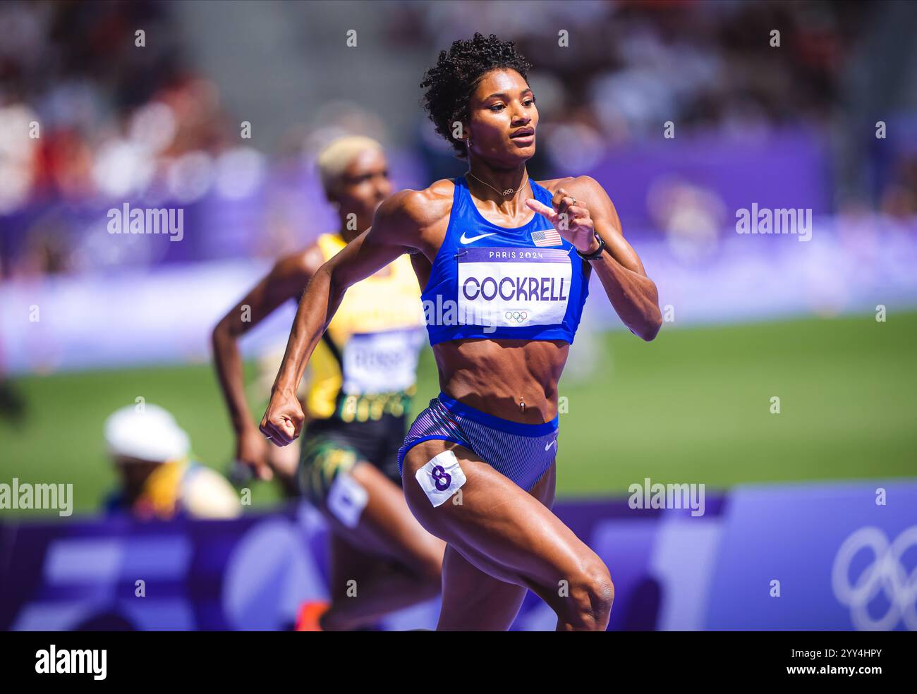 Anna Cockrell participating in the 400 meters hurdles at the Paris 2024 ...