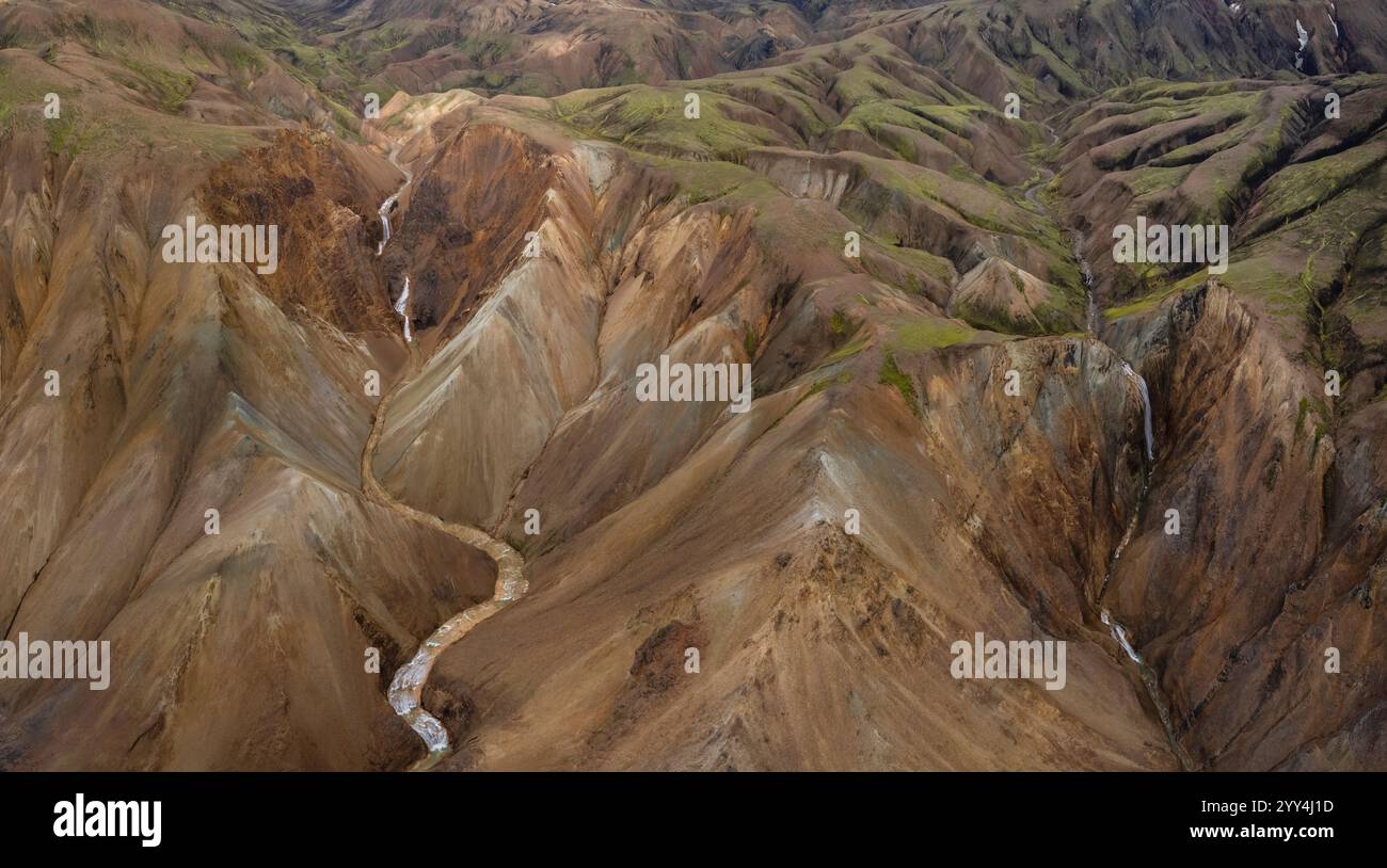 Aerial view of Iceland's rugged landscape showcasing dramatic canyons ...