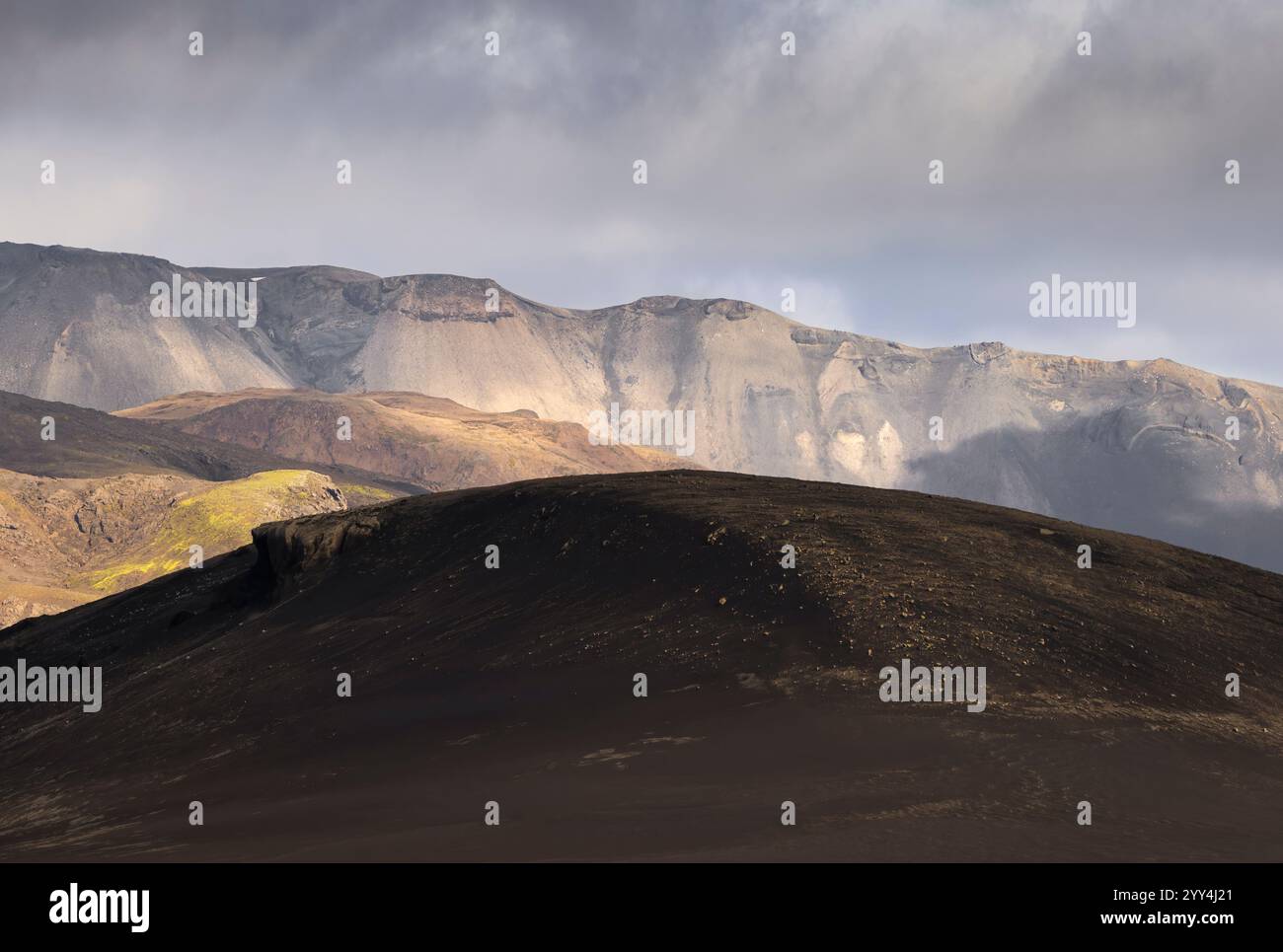 Dramatic Icelandic landscape featuring rugged mountains under a moody ...