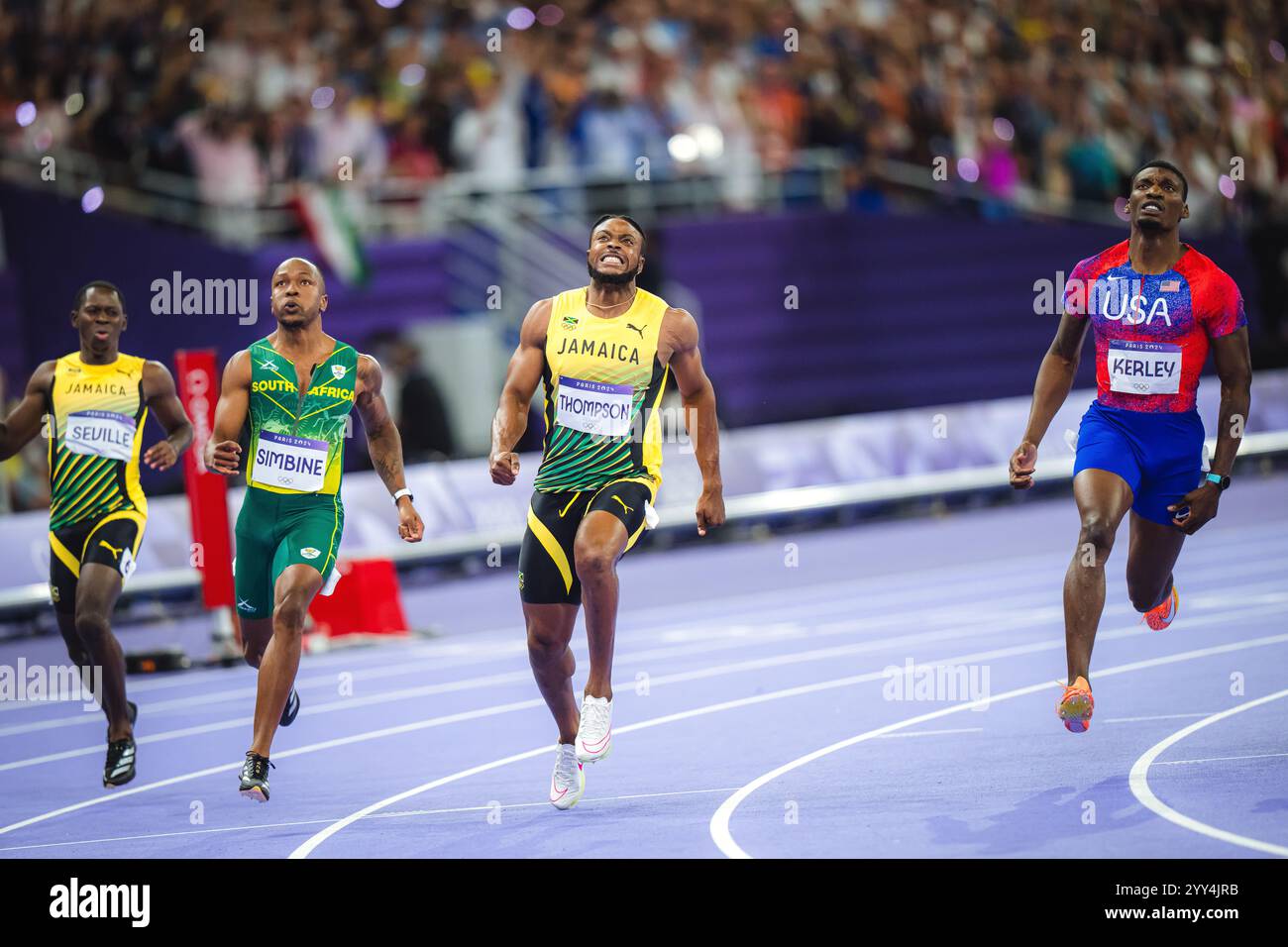 Kishane Thompson participating in the 100 metres at the Paris 2024 ...