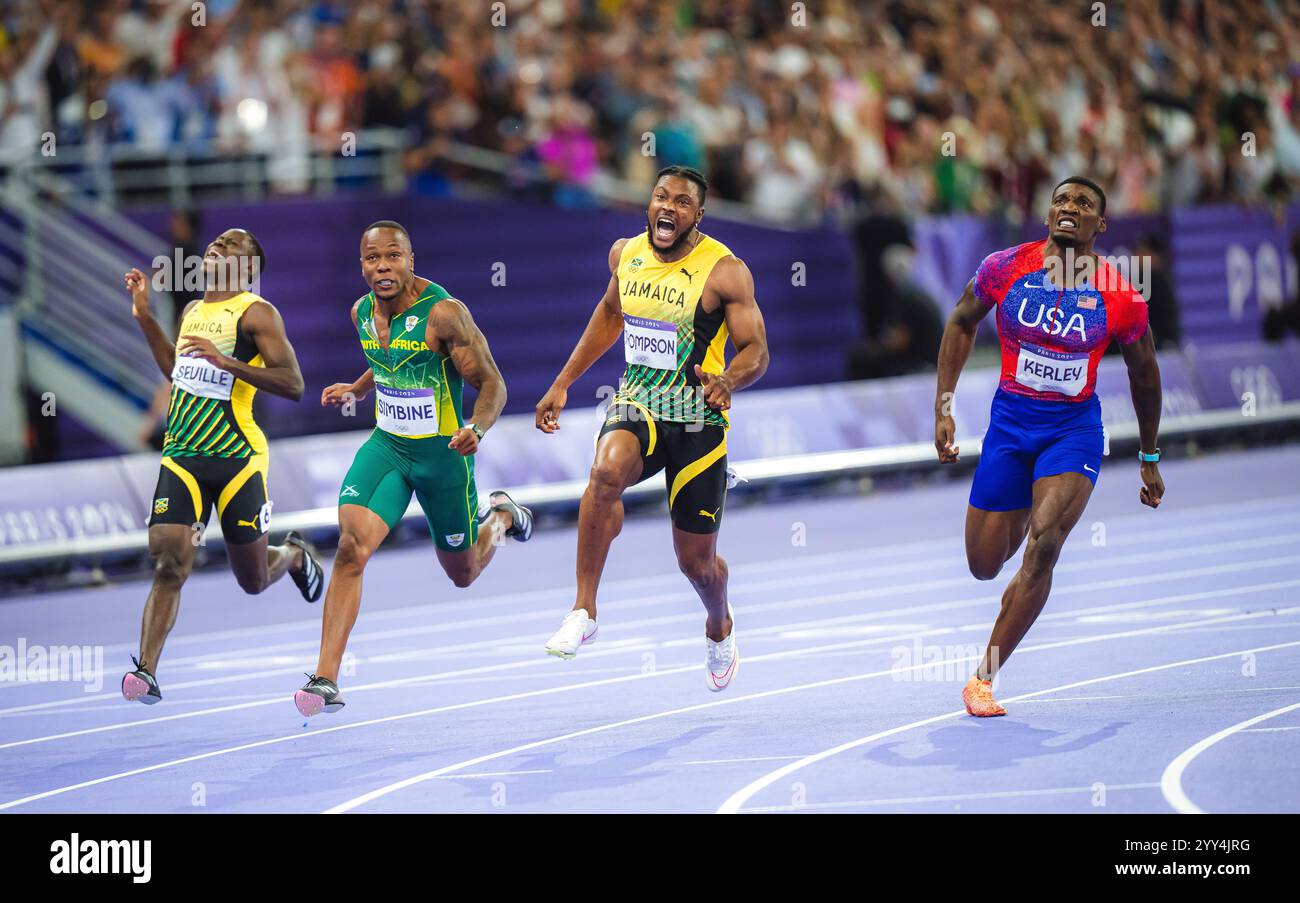 Kishane Thompson participating in the 100 metres at the Paris 2024 ...