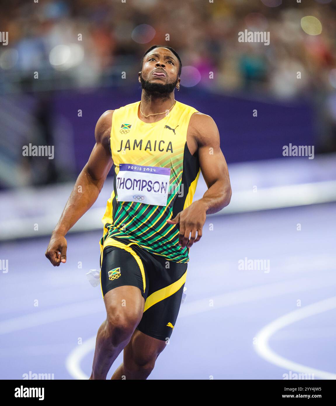 Kishane Thompson participating in the 100 metres at the Paris 2024 ...