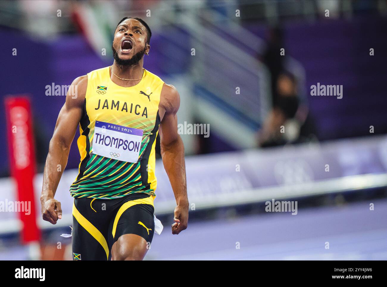 Kishane Thompson participating in the 100 metres at the Paris 2024 ...