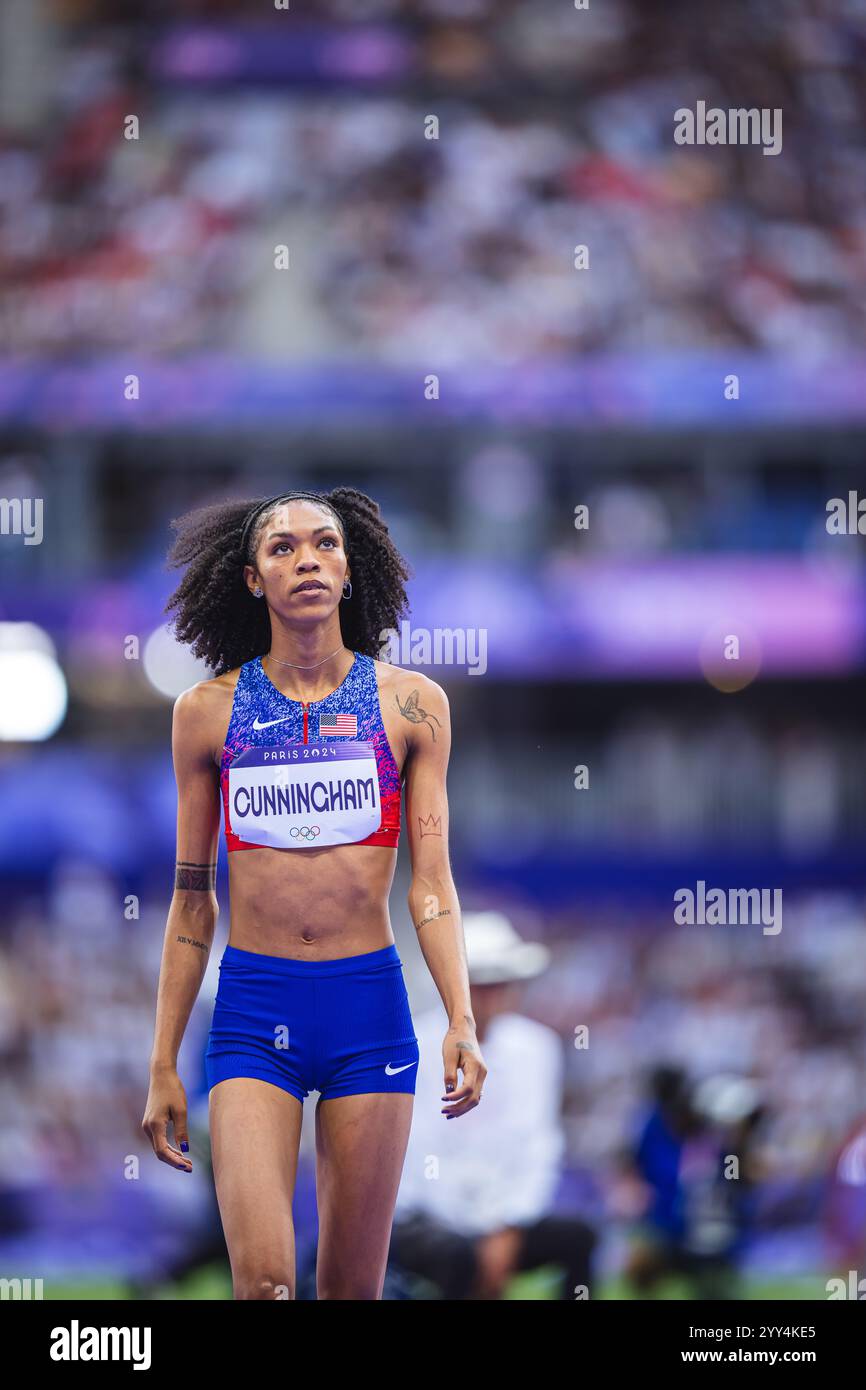 Vashti Cunningham participating in the high jump at the Paris 2024 ...