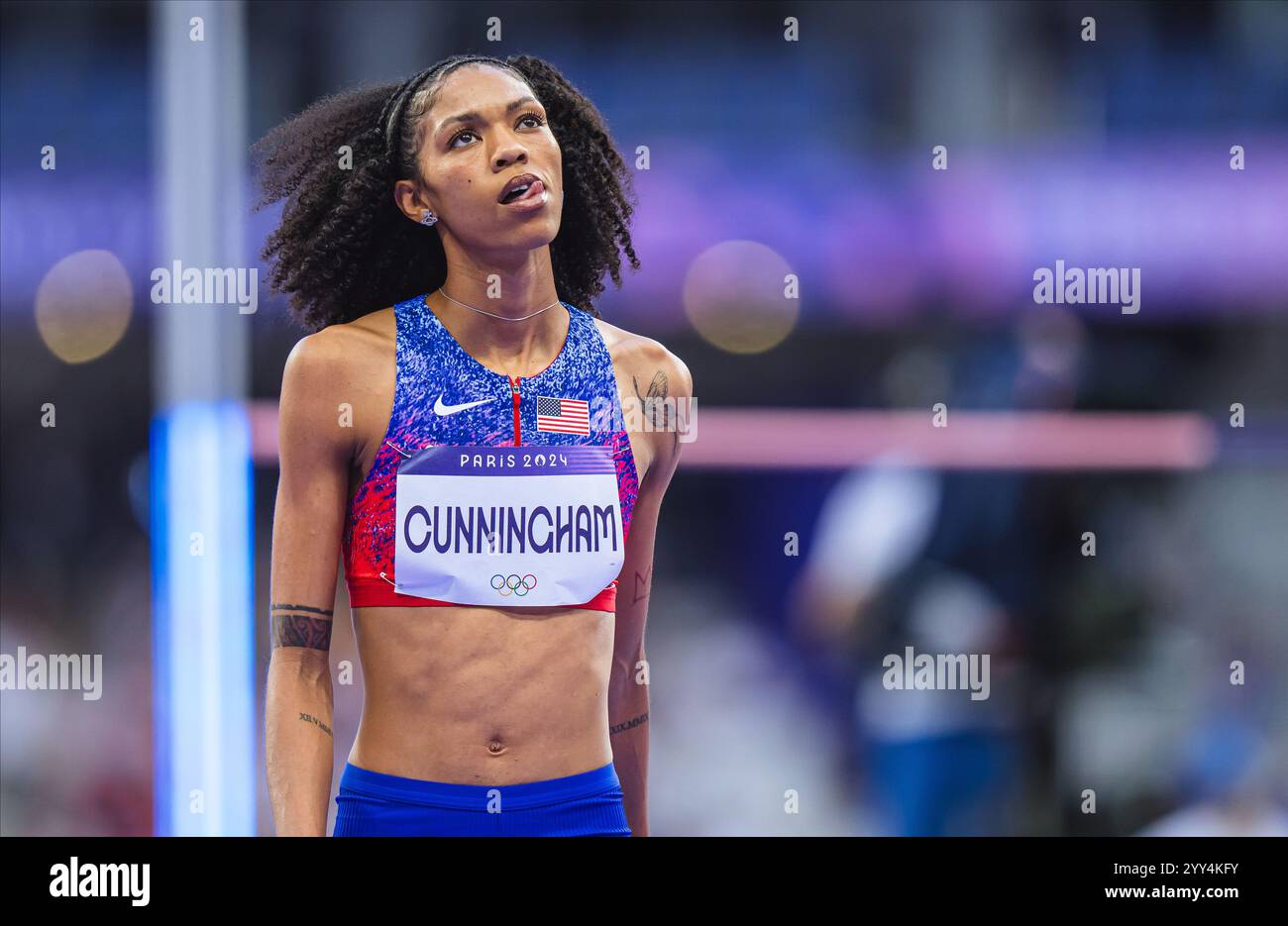Vashti Cunningham participating in the high jump at the Paris 2024 ...