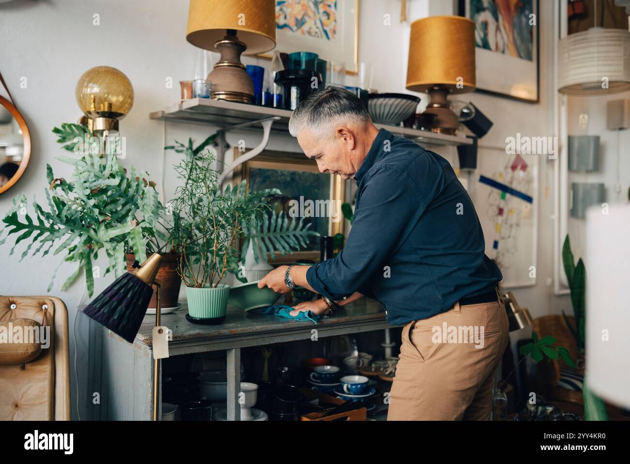 Side view of senior male owner cleaning table while working at antique ...