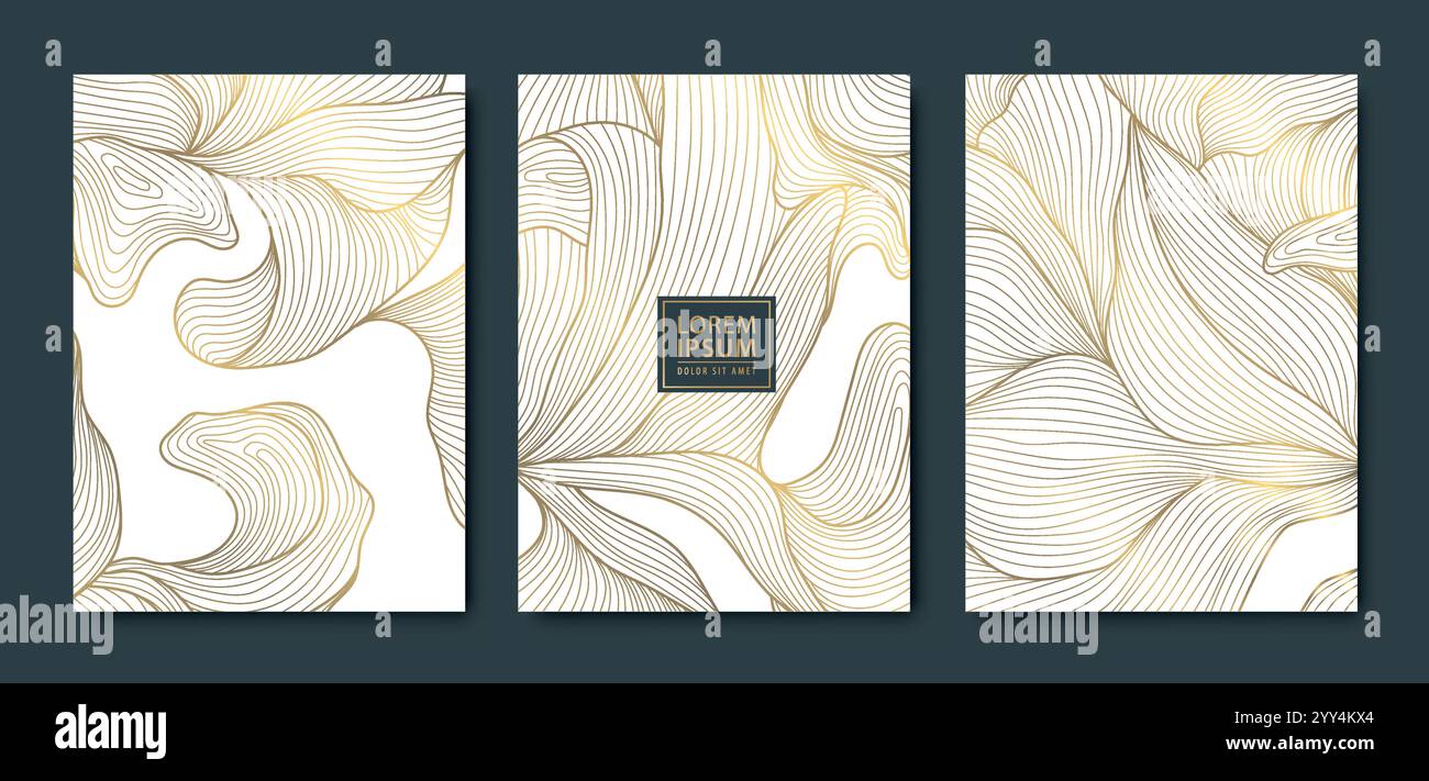 Vector set of floral art deco backgrounds, leaf flower patterns, gold ...