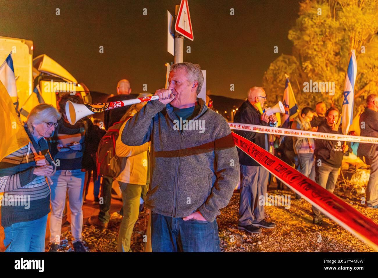 Kishon, Israel - December 17, 2024: People are protesting near the ...
