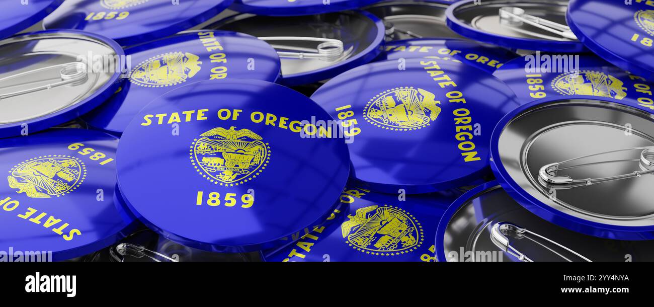 Oregon - round badges with state flag - 3D illustration Stock Photo - Alamy