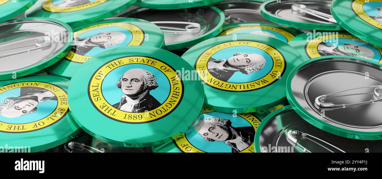 Washington - round badges with state flag - 3D illustration Stock Photo ...