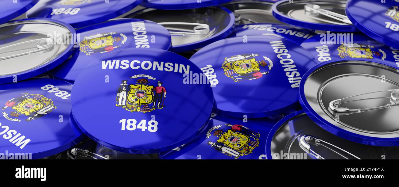 Wisconsin - round badges with state flag - 3D illustration Stock Photo ...