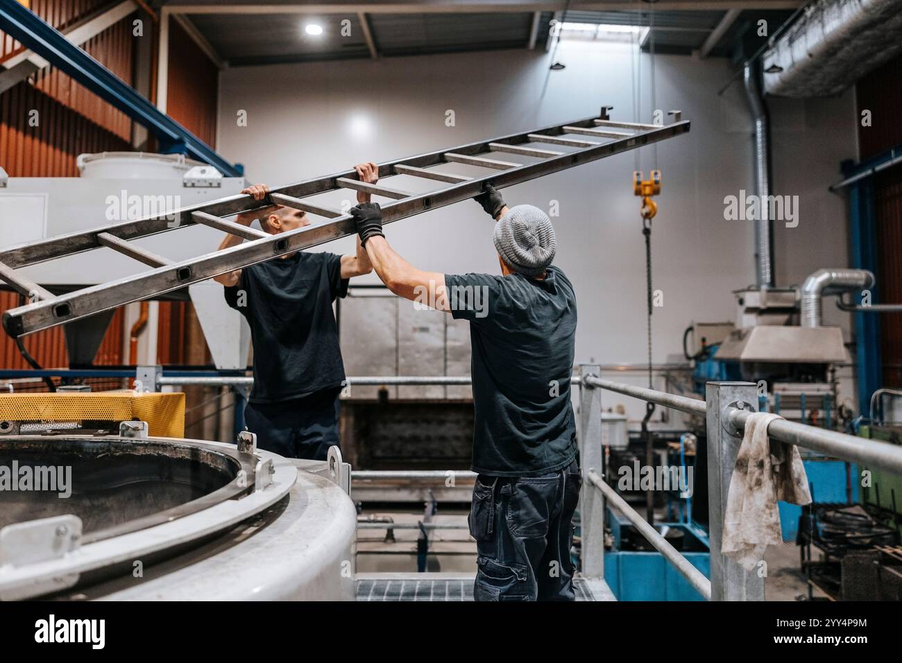 Male workers carrying ladder while working in manufacturing factory ...