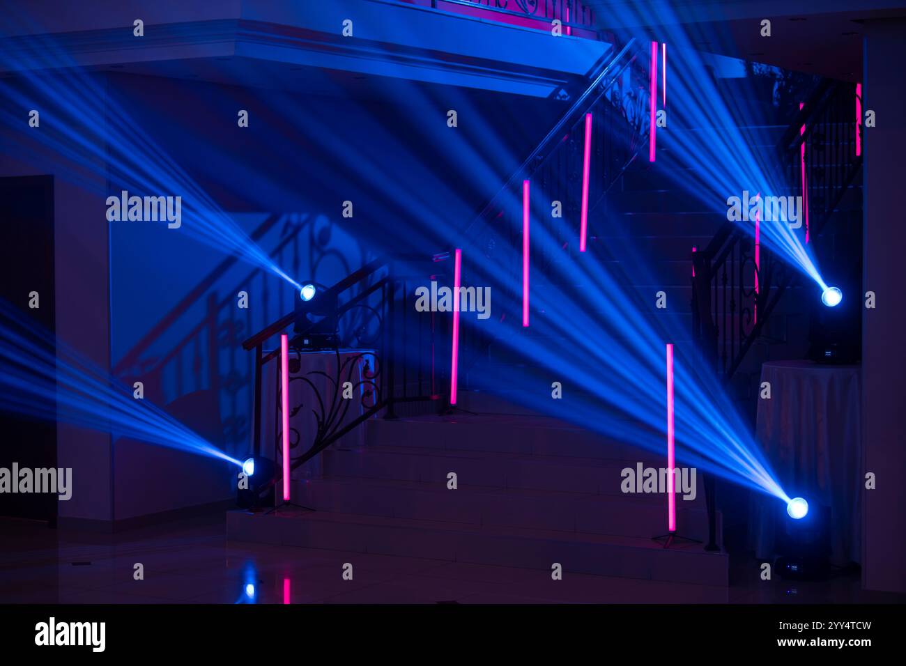 Neon Background. Dark blue and red neon stairs at the night. Night club ...