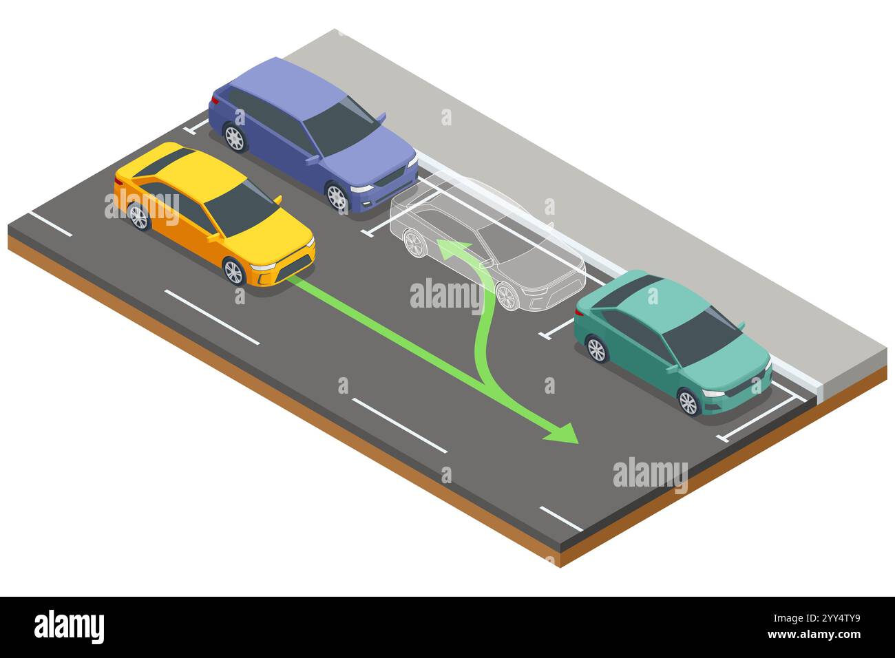 Isometric illustration of a parallel parking maneuver. A transparent ...