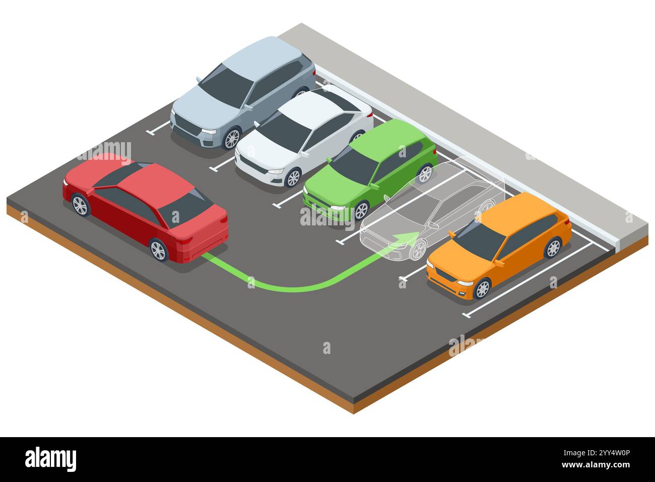 Isometric parking scene with multiple cars in a parking lot. A red car ...