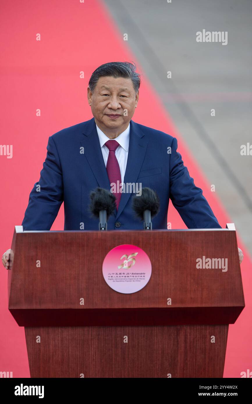 Chinese President Xi Jinping speaks following his arrival at Macau ...