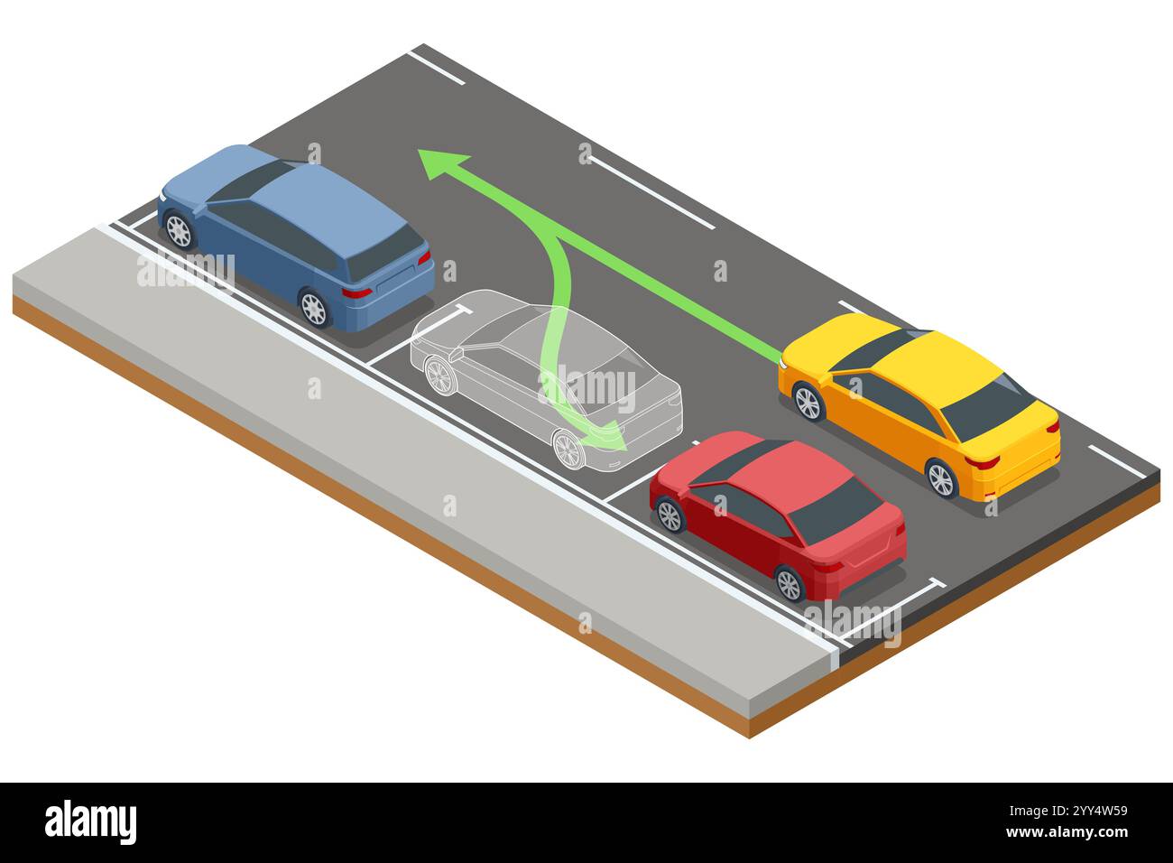 Isometric illustration of a parallel parking maneuver. A transparent ...