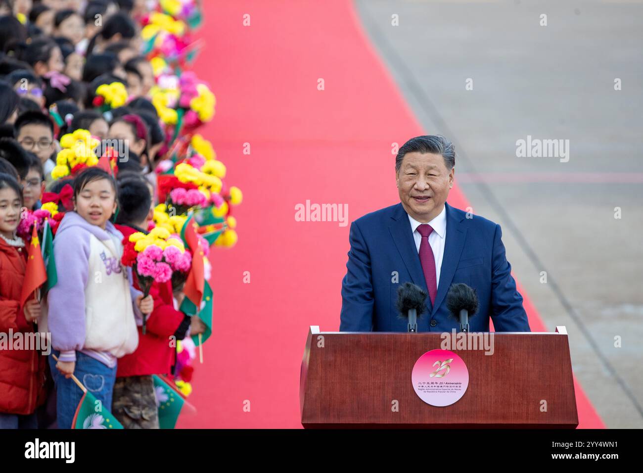 Chinese President Xi Jinping speaks following his arrival at Macau ...
