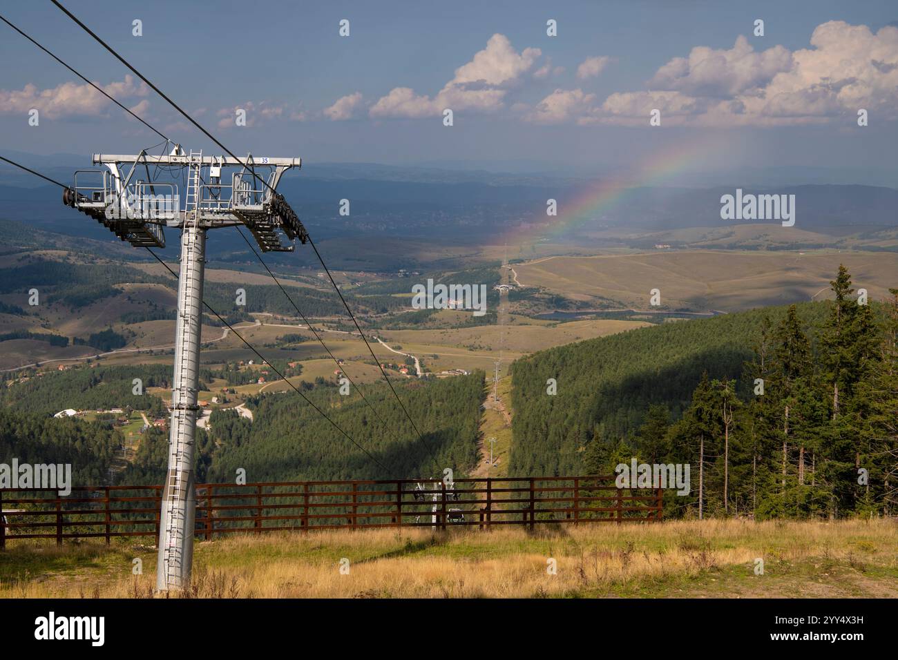Cable car machinery mechanism mounted high above mountain, farmlands ...