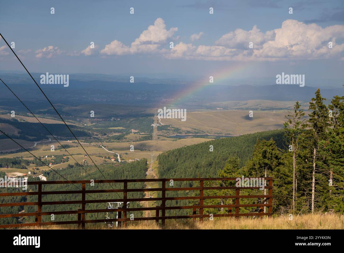 Cable car machinery mechanism mounted high above mountain, farmlands ...