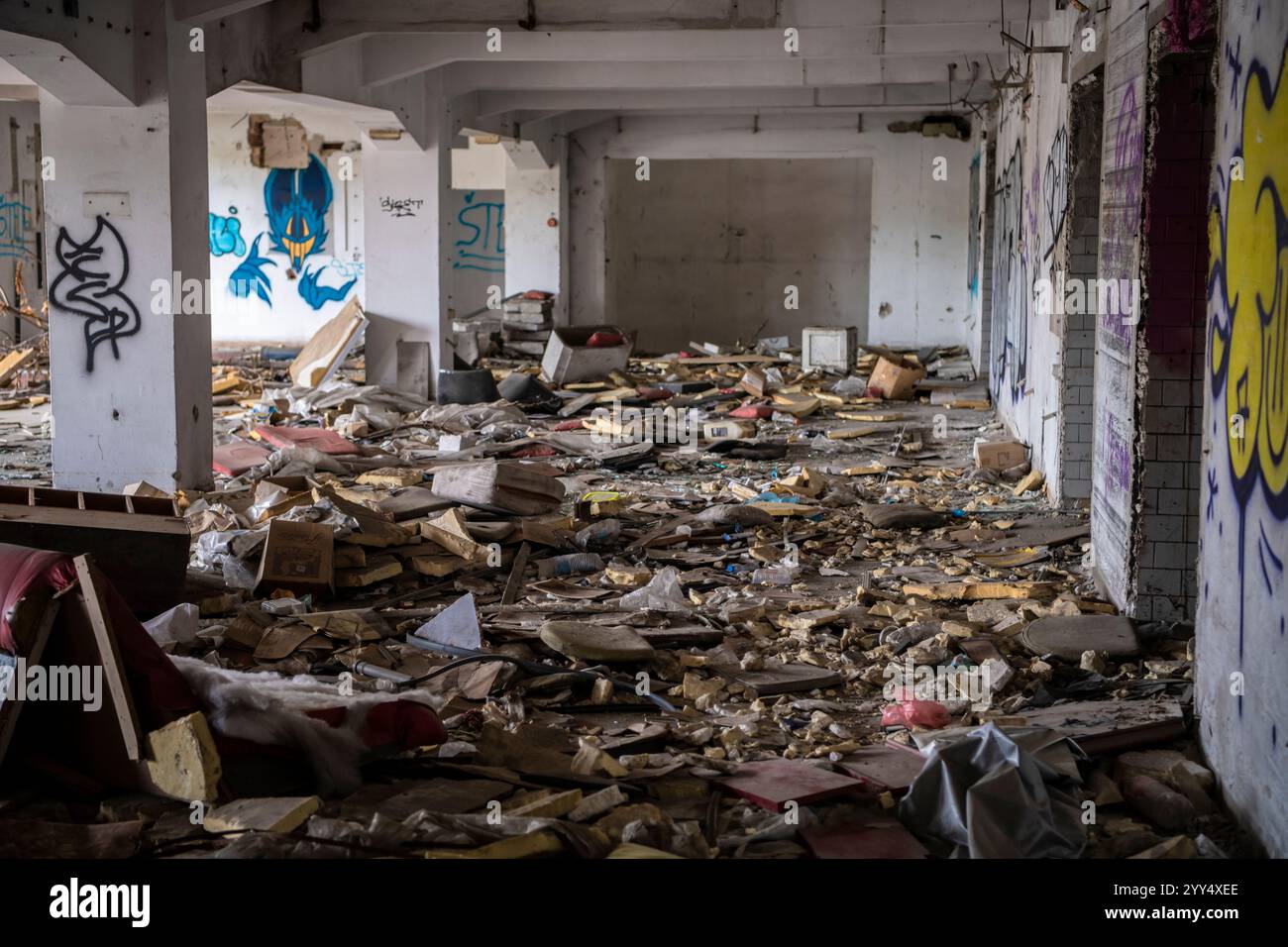 Abandoned industrial building interior. Apocalyptic scene. Ruins of ...