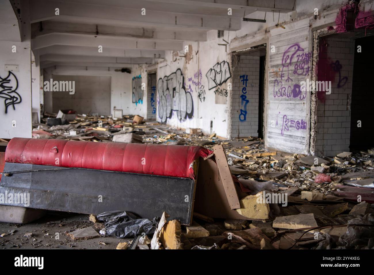 Abandoned industrial building interior. Apocalyptic scene. Ruins of ...