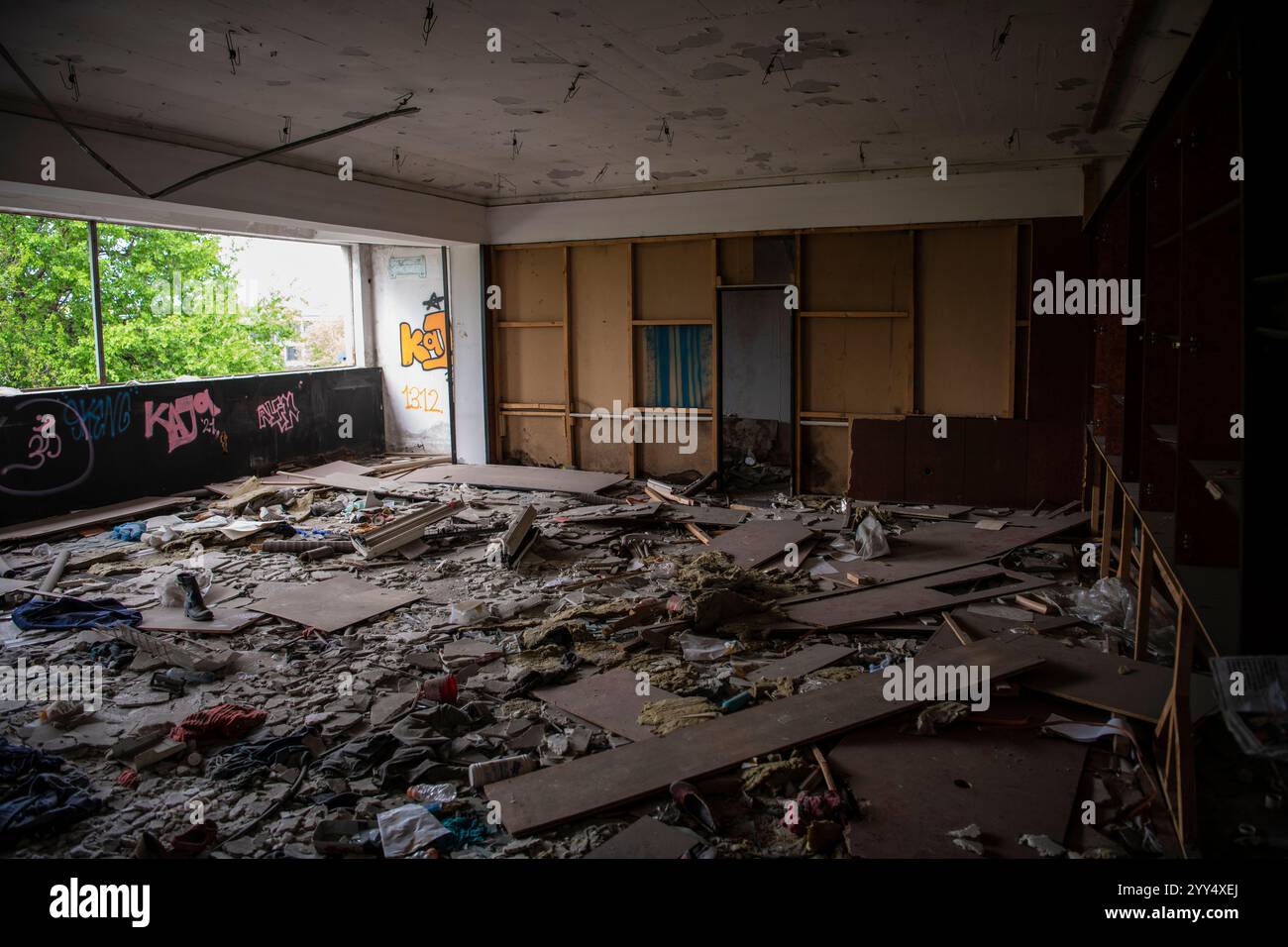Abandoned industrial building interior. Apocalyptic scene. Ruins of ...