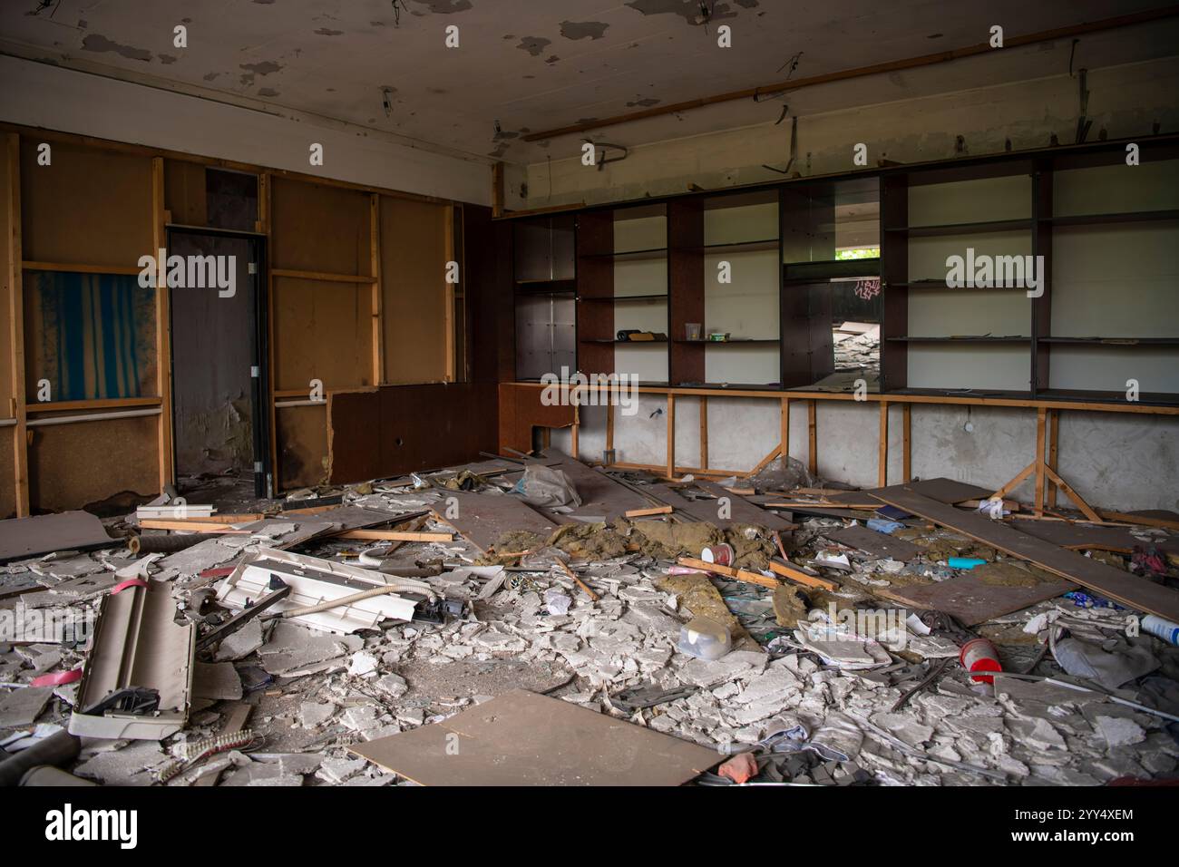 Abandoned industrial building interior. Apocalyptic scene. Ruins of ...