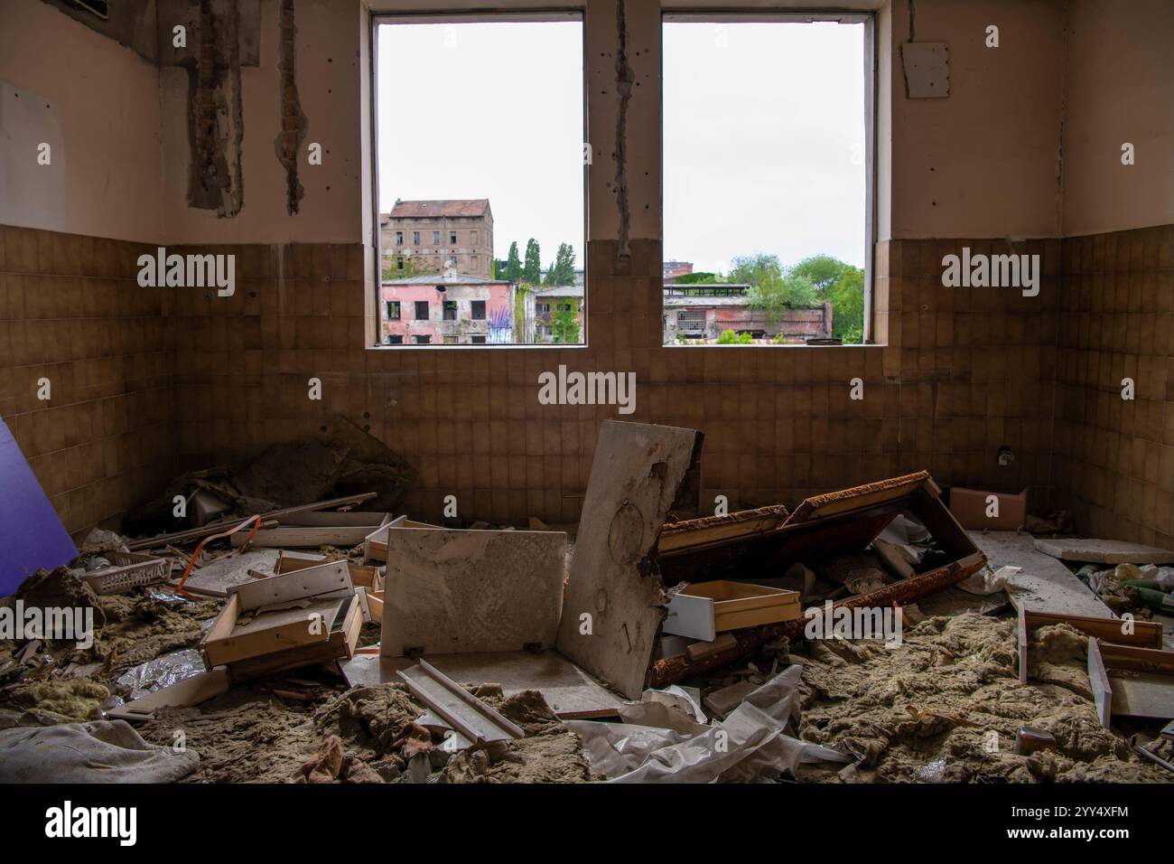 Abandoned industrial building interior. Apocalyptic scene. Ruins of ...