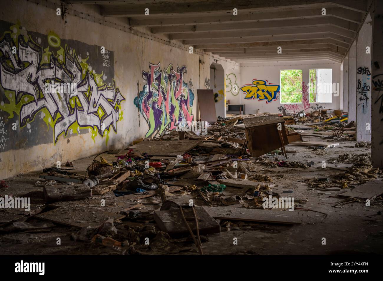 Abandoned industrial building interior. Apocalyptic scene. Ruins of ...