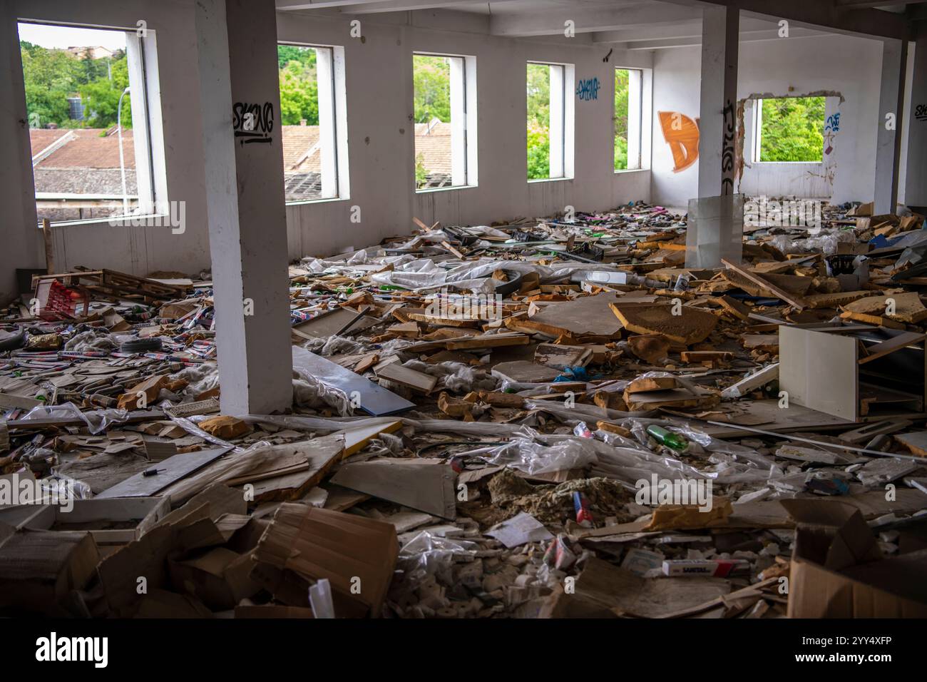 Abandoned industrial building interior. Apocalyptic scene. Ruins of ...