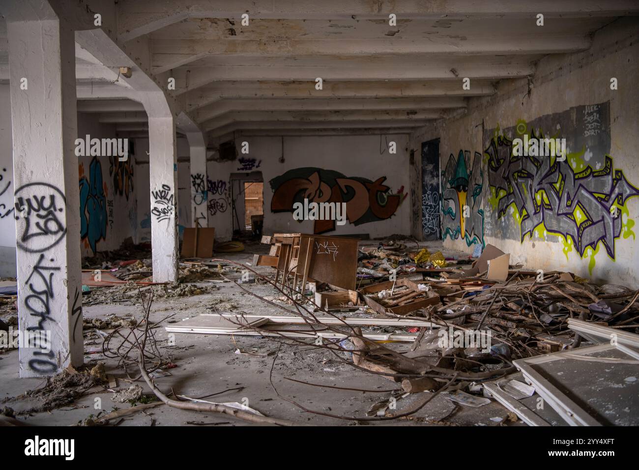 Abandoned industrial building interior. Apocalyptic scene. Ruins of ...