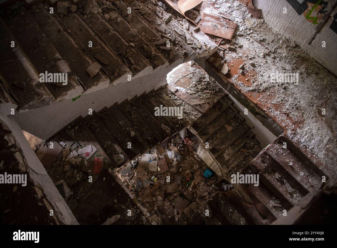 Abandoned industrial building interior. Apocalyptic scene. Ruins of ...