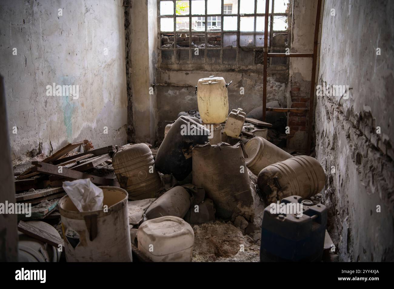 Abandoned industrial building interior. Apocalyptic scene. Ruins of ...