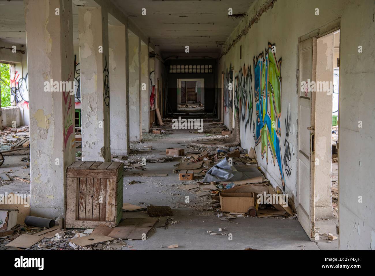 Abandoned industrial building interior. Apocalyptic scene. Ruins of ...
