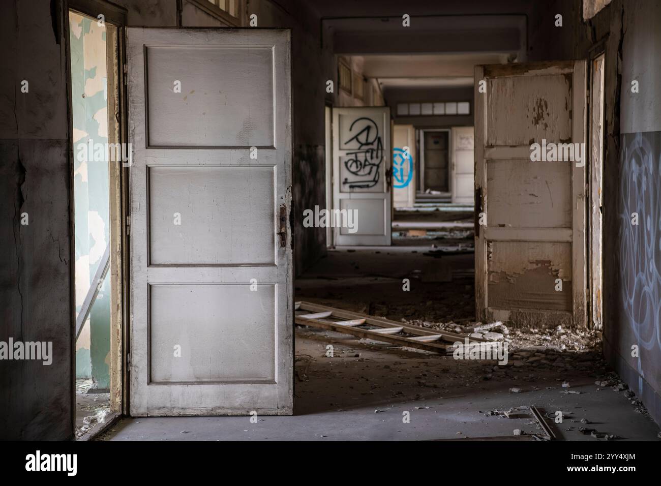 Abandoned industrial building interior. Apocalyptic scene. Ruins of ...