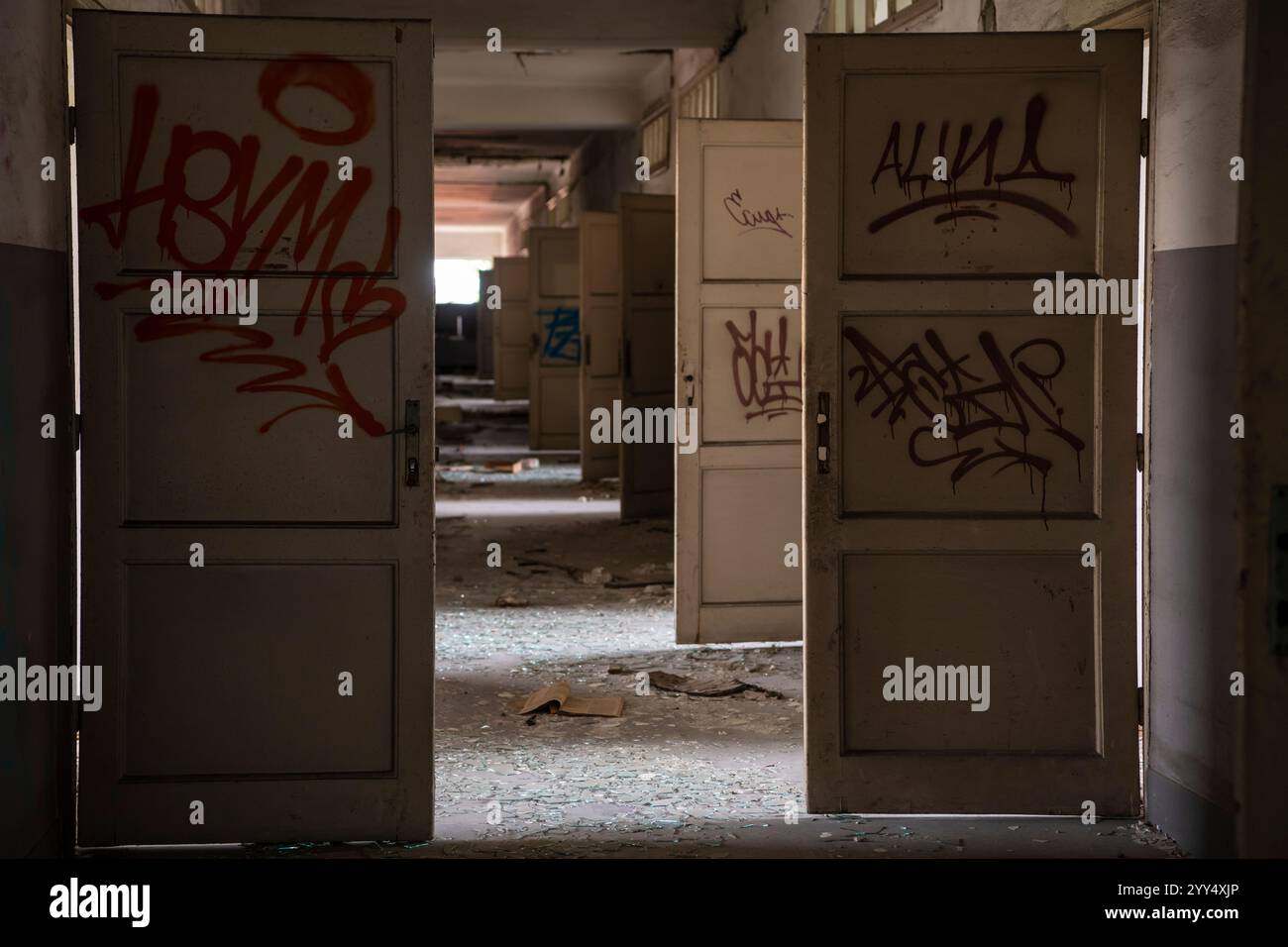 Abandoned industrial building interior. Apocalyptic scene. Ruins of ...