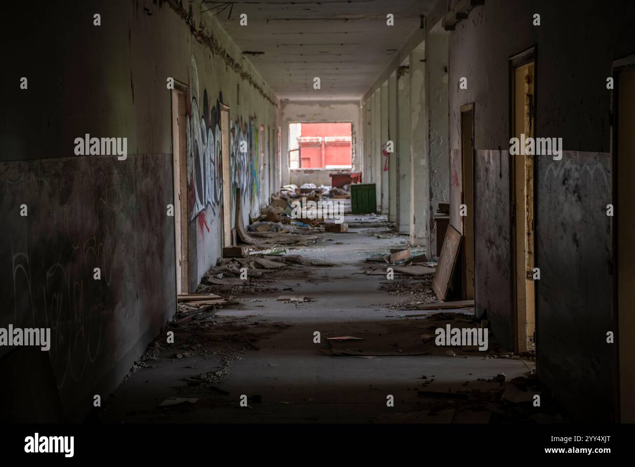 Abandoned industrial building interior. Apocalyptic scene. Ruins of ...