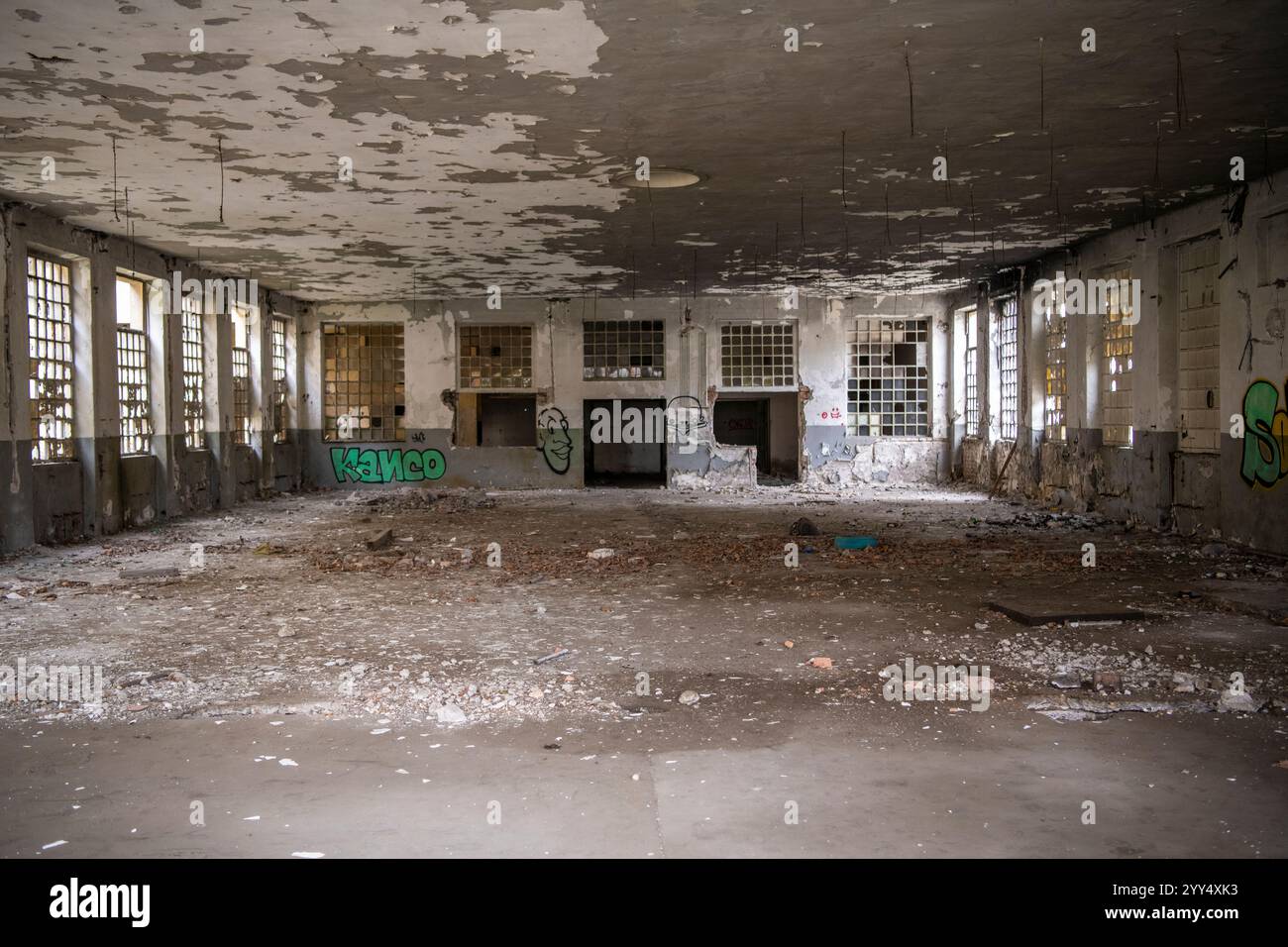 Abandoned industrial building interior. Apocalyptic scene. Ruins of ...