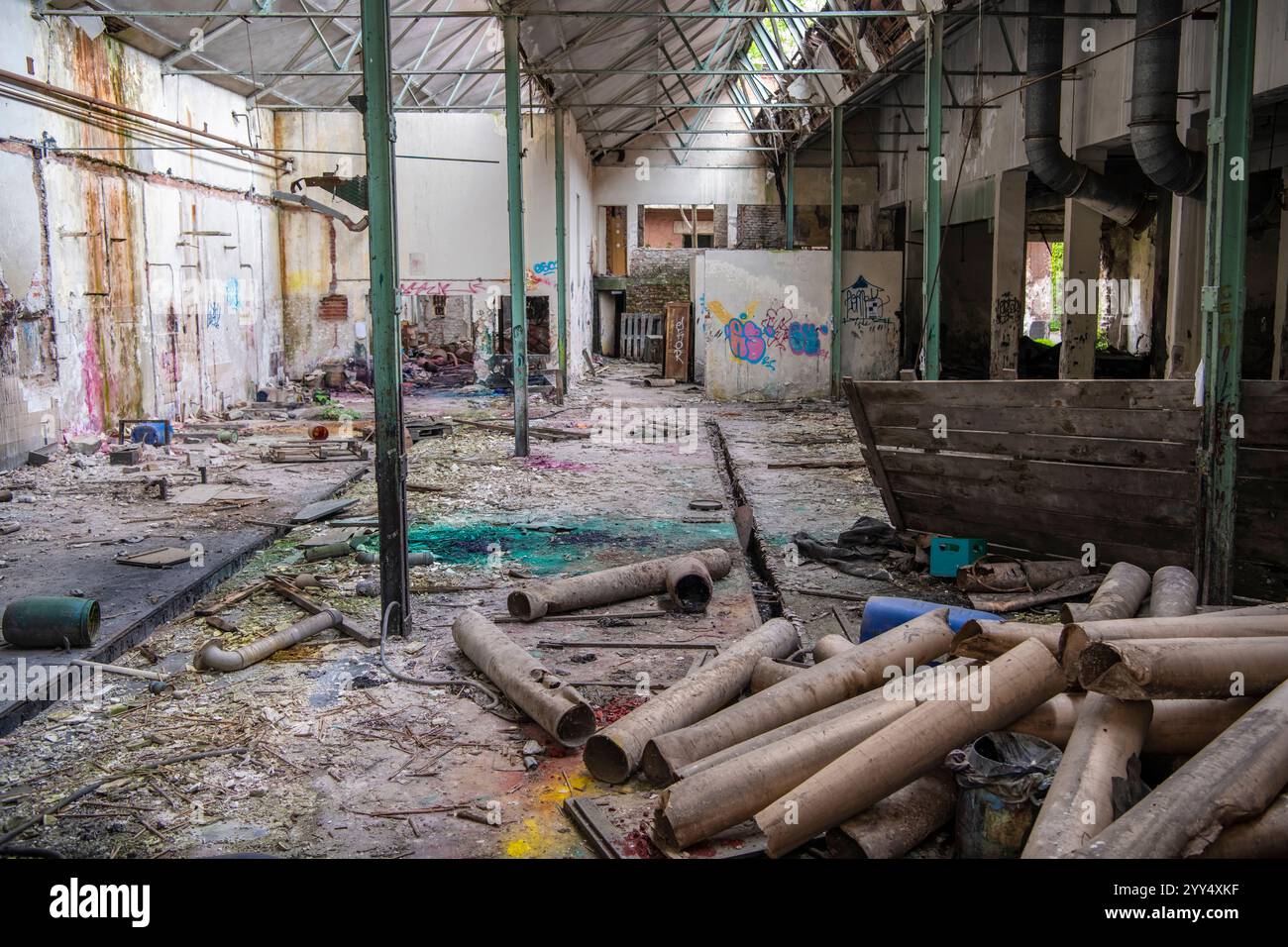 Abandoned industrial building interior. Apocalyptic scene. Ruins of ...