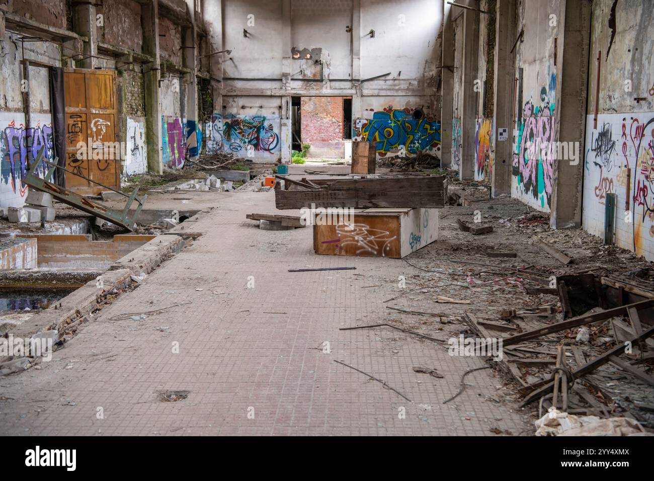 Abandoned industrial building interior. Apocalyptic scene. Ruins of ...