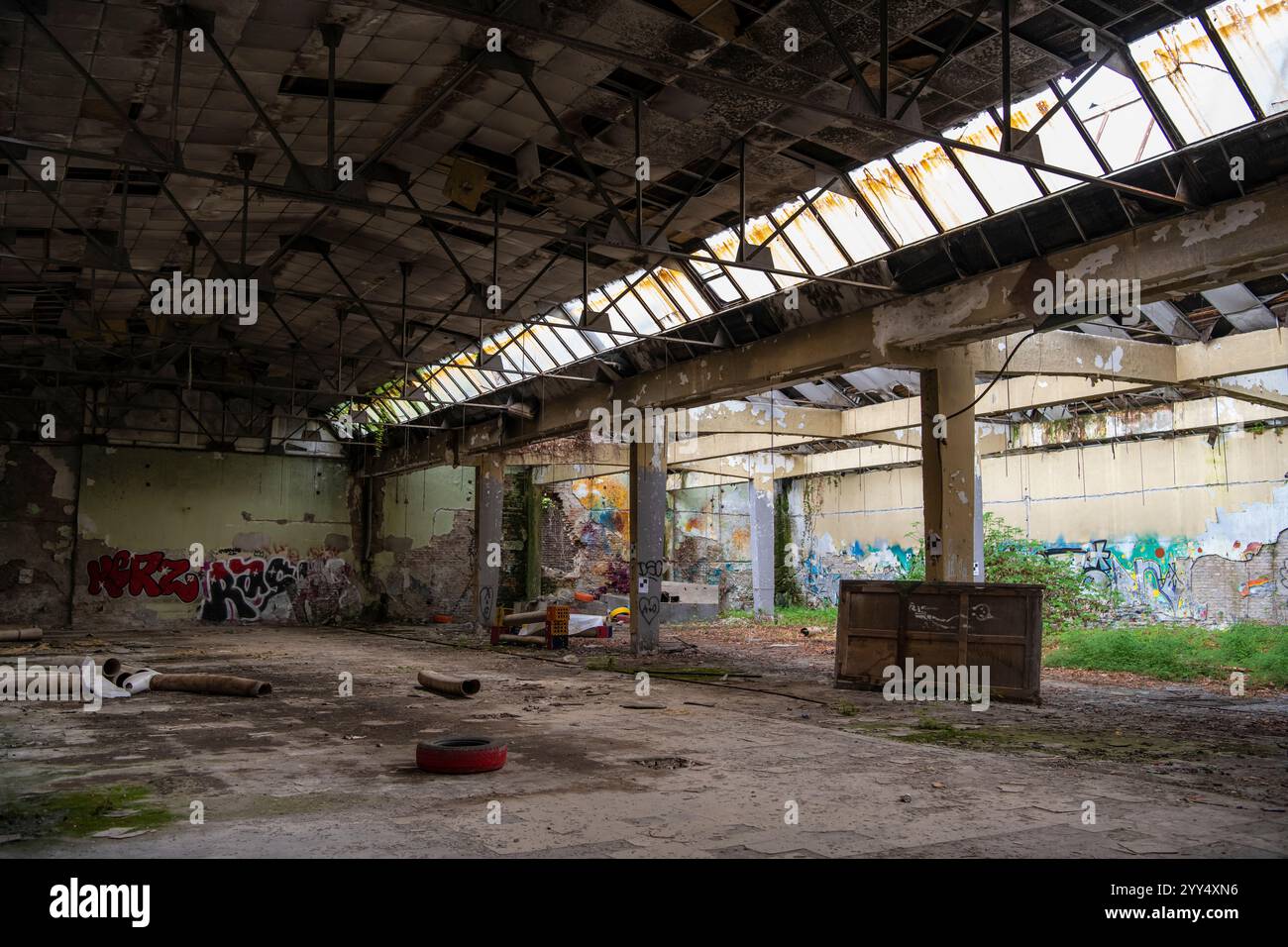 Abandoned industrial building interior covered with dangerous acid and ...